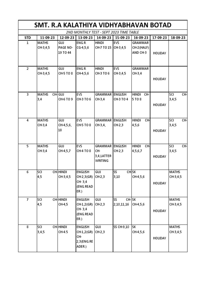 STD 1 To 8 Monthly - 2 Timetable | PDF