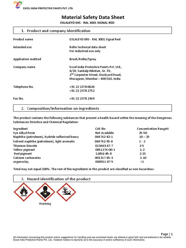 Msds - Exlalkyd 045 Ral 3001 Signal Red | PDF