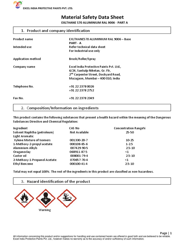 Msds - Exlthane 570 Aluminium Ral 9006 | PDF | Physical Sciences ...
