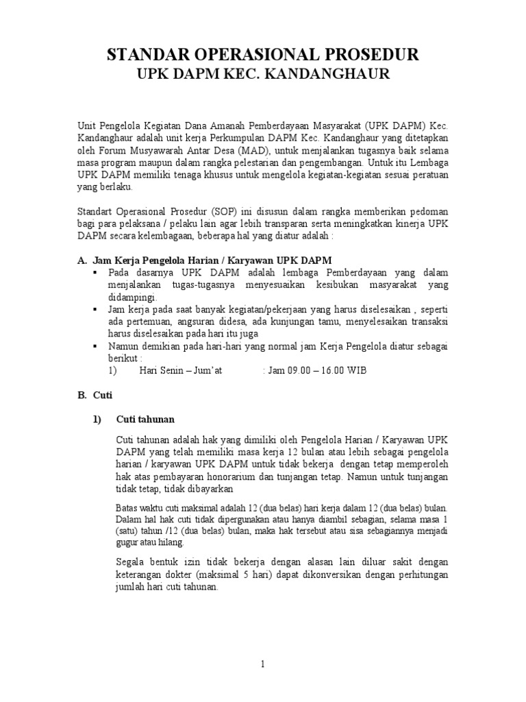SOP Pengelolaan UPK DAPM Kandanghaur | PDF