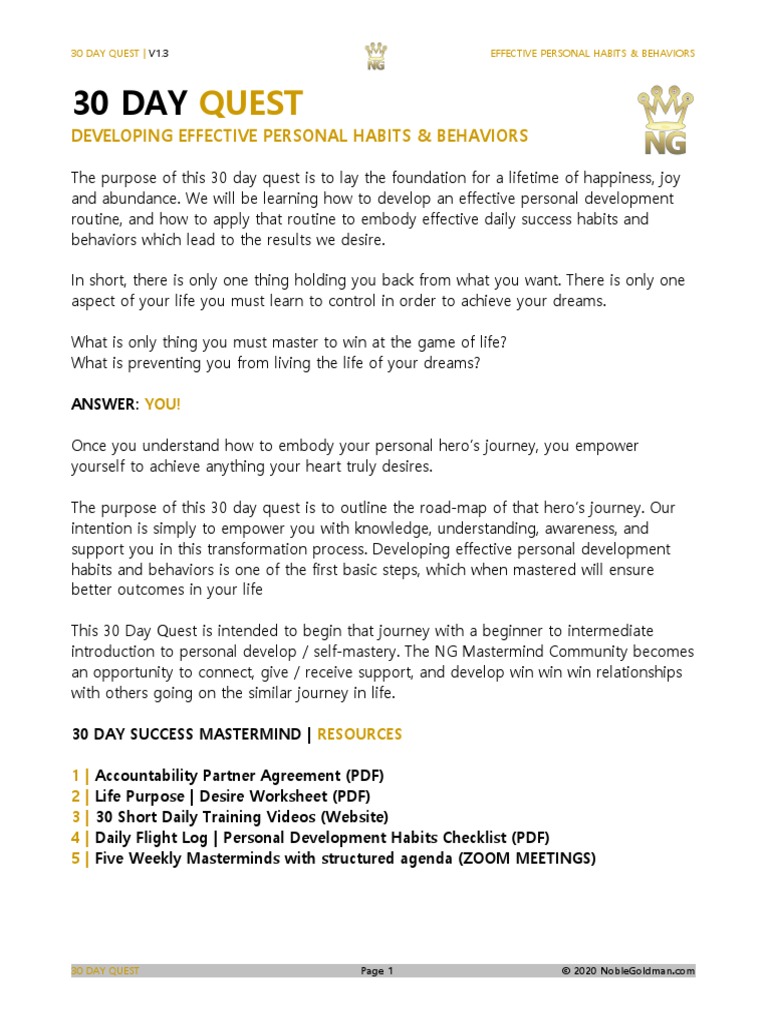 30-Day Personal Development Quest | PDF | Gratitude | Thought