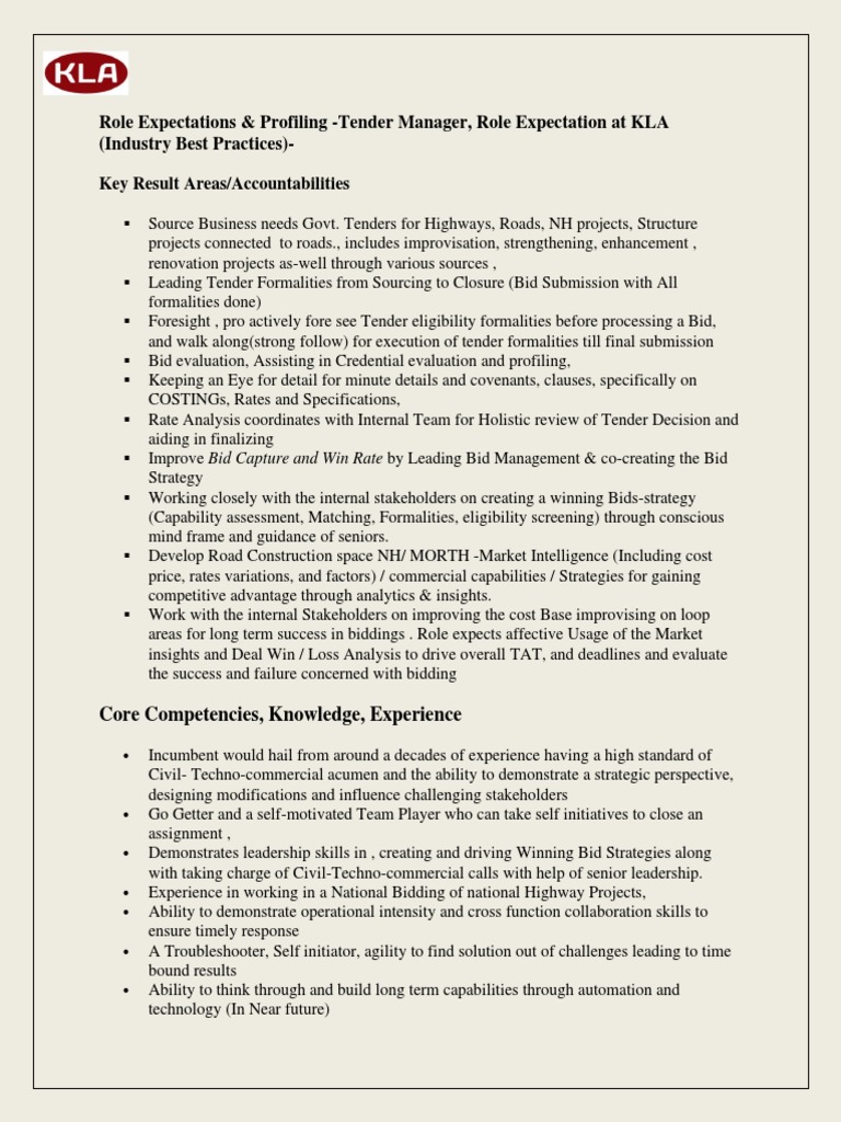 Job Description KRA - Tender Manager | PDF | Leadership | Evaluation