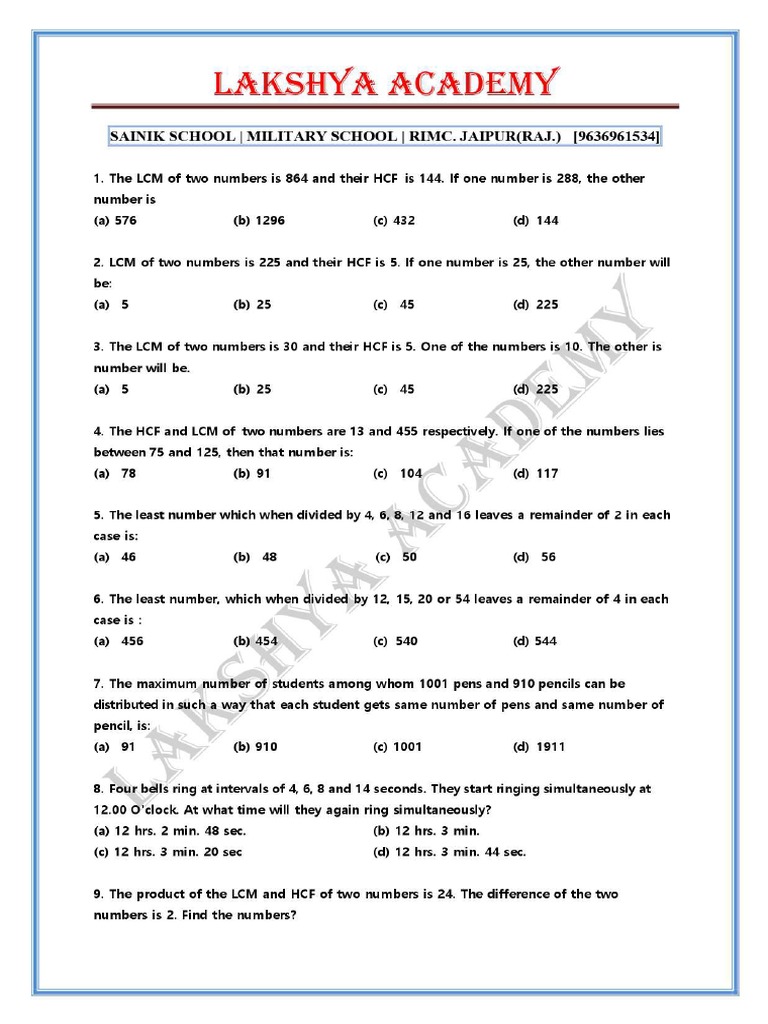 HCF and LCM - LAKSHYA ACADEMY. | PDF