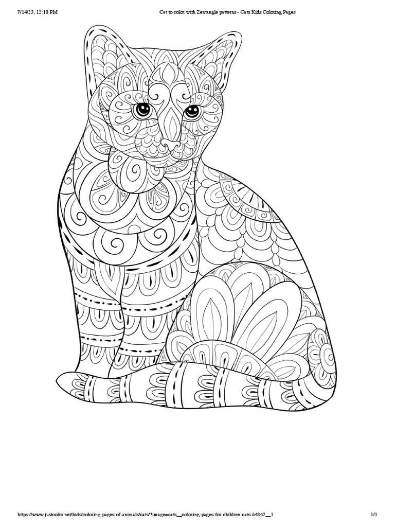 Cat to Color With Zentangle Patterns - Cats Kids Coloring Pages | PDF