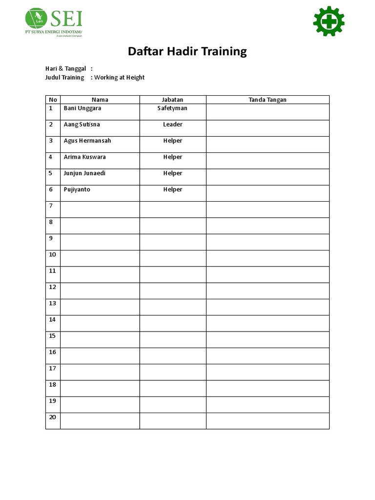 Daftar Hadir Training WaH | PDF