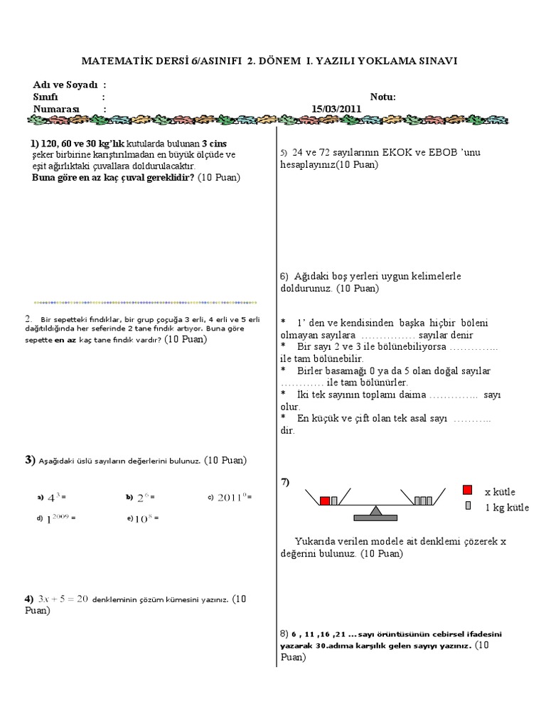 6 Sinif 2 Donem 1 Yazili | PDF