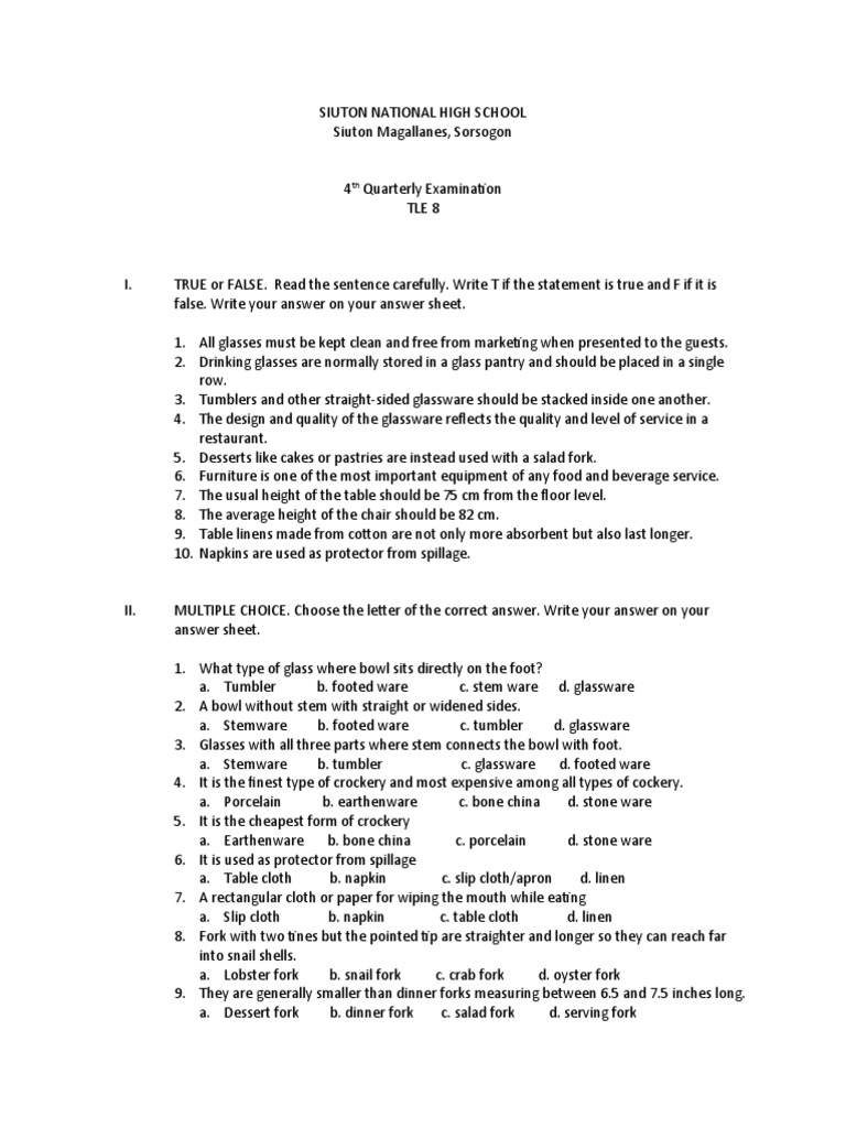 Tle 8 4TH Q Exam | Download Free PDF | Tableware | Cuisine