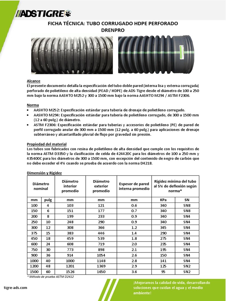 FT Tubo Corrugado Hdpe Perforado Drenpro (Aashto M252 - Aashto M294 - Astm F2306) | PDF ...