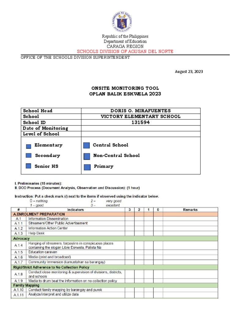 Oplan Balik Eskwela Monitoring Tool 2023 | PDF