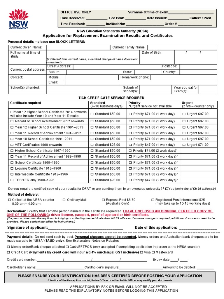 Application For Replacement Examination Results and Certificates | PDF ...