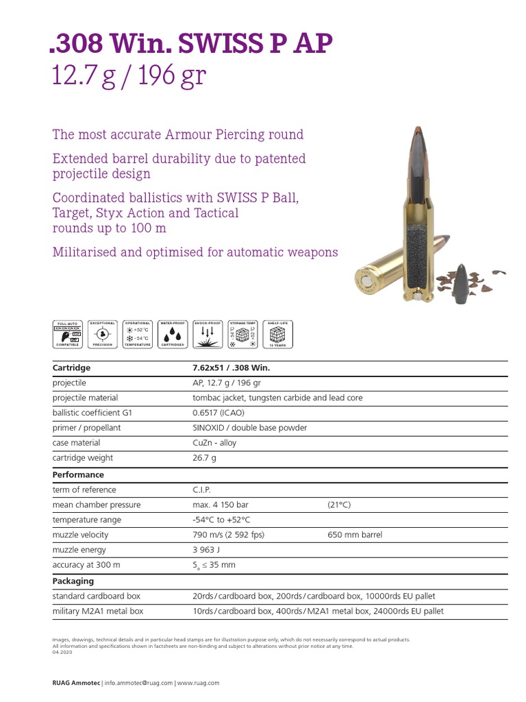 5080 308 Win. SWISS P AP 12.7 G - 196 GR EN | PDF | Cartridge (Firearms ...