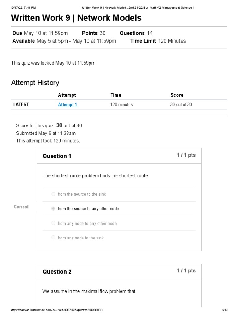 Written Work 9 Network Models 2nd 21 22 Bus Math 42 Management Science ...