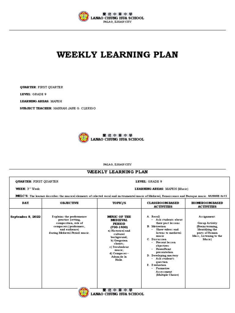 Mapeh 9 Weekly Learning Plan | PDF