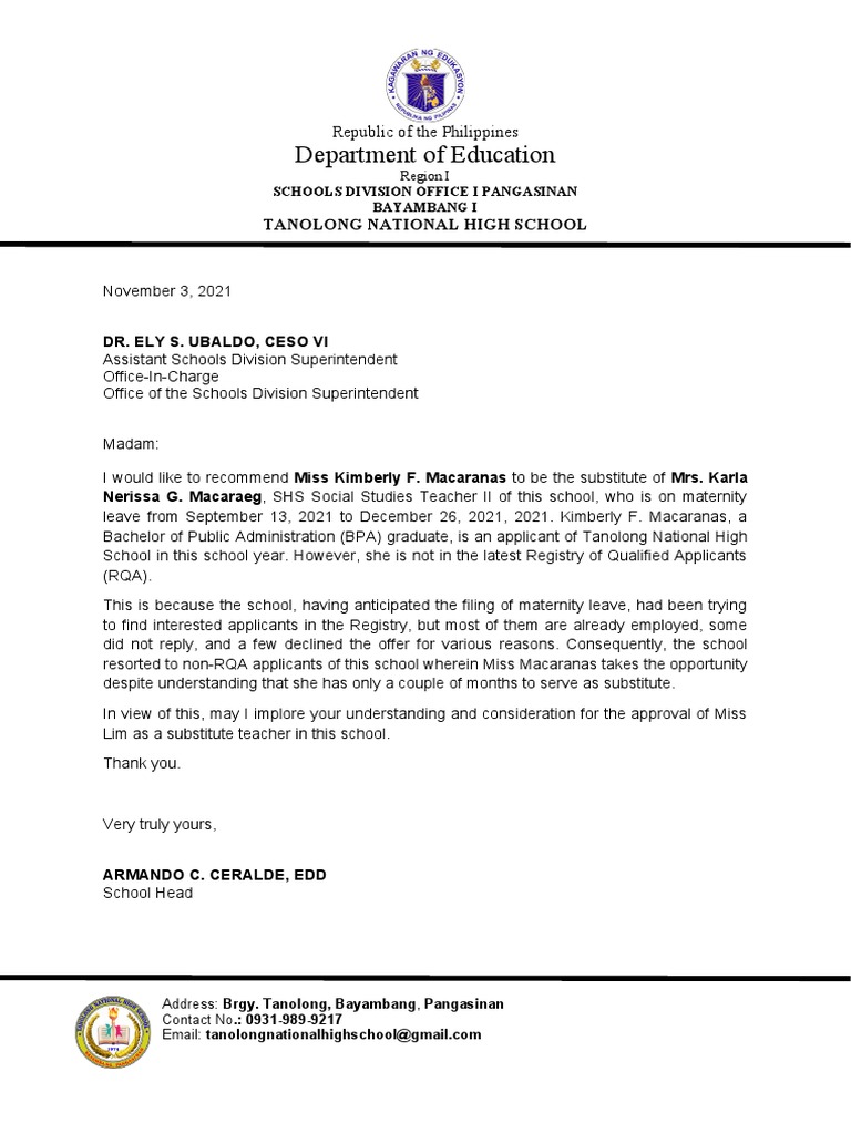 Recommendation for Substitute Teacher | PDF