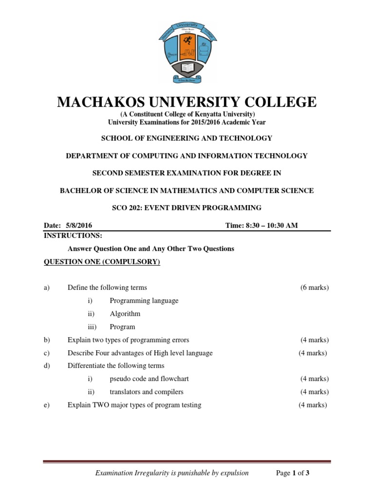 Sco202 Exam May-August 2016 | PDF | Computer Programming | Computing