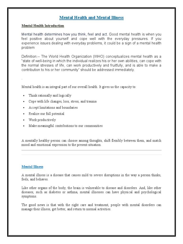 Mental Health and Mental Illness | PDF | Mental Disorder | Stress (Biology)