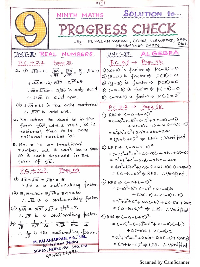 Namma Kalvi 9th Maths Progress Check and Thinking Corner Solutions em 218853 | PDF