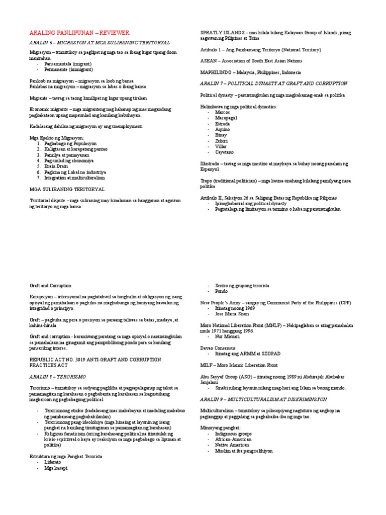 ARALING PANLIPUNAN - Reviewer - Grade 10 | PDF