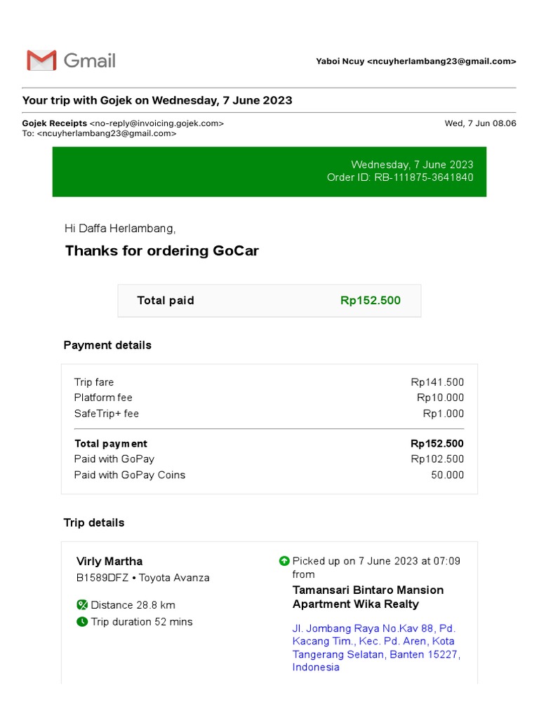 Gojek Trip Receipt - June 7, 2023 | PDF