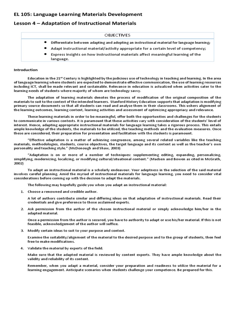Adapting Instructional Materials for Language Learning | PDF | Learning ...