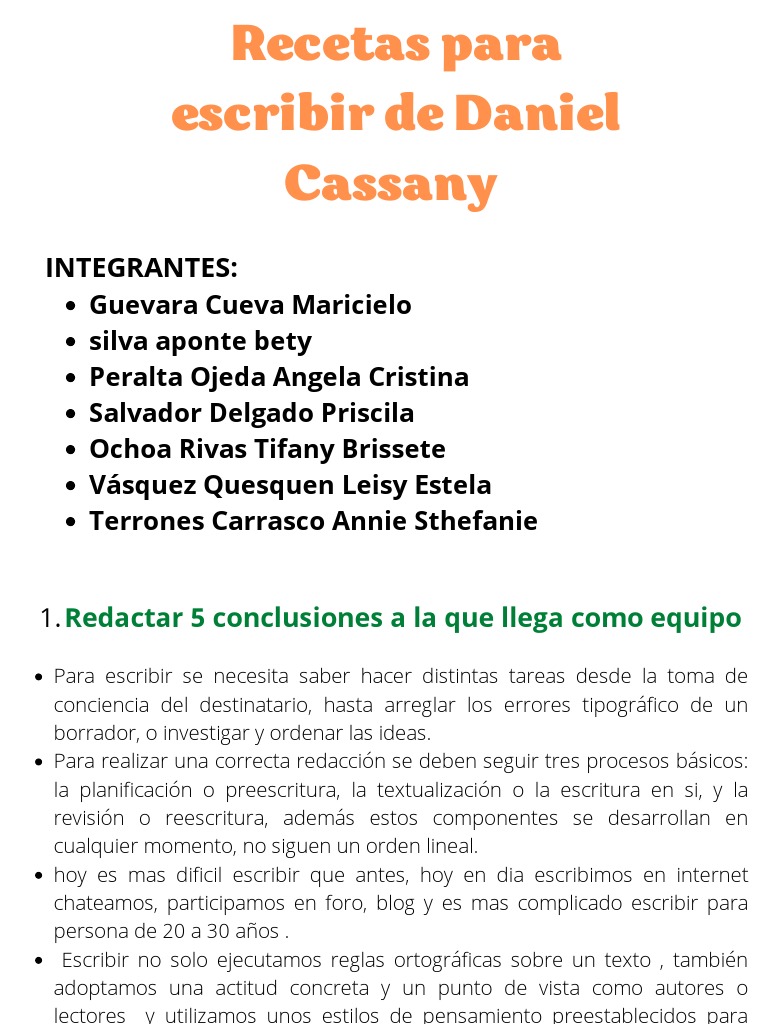 Trabajo Grupal Sem. 9 CTRA Recetas para Escribir de Daniel Cassany | PDF