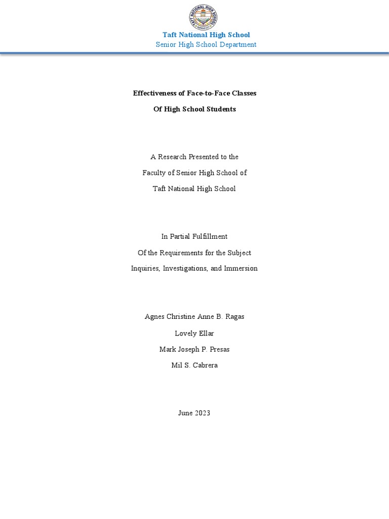 Effectiveness of Face To Face Classes of High School Students | Download Free PDF | Educational ...