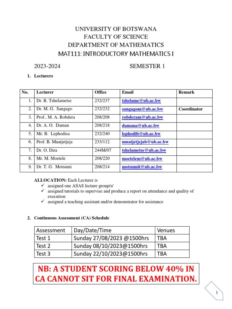 MAT111 Course Scheme (2023-2024 Sem 1) | PDF