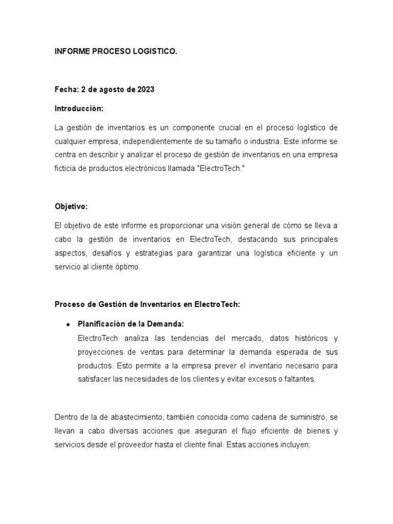 Informe Proceso Logistico | PDF | Logística | Business