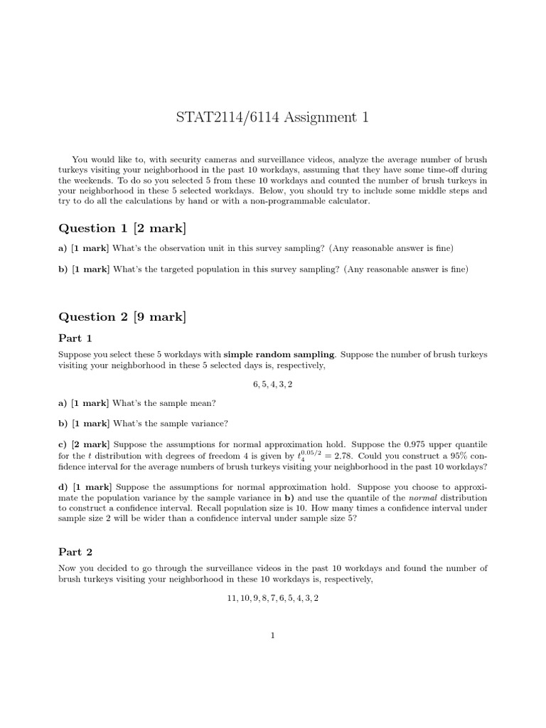 STAT2114/6114 Assignment 1: Question 1 (2 Mark) | PDF