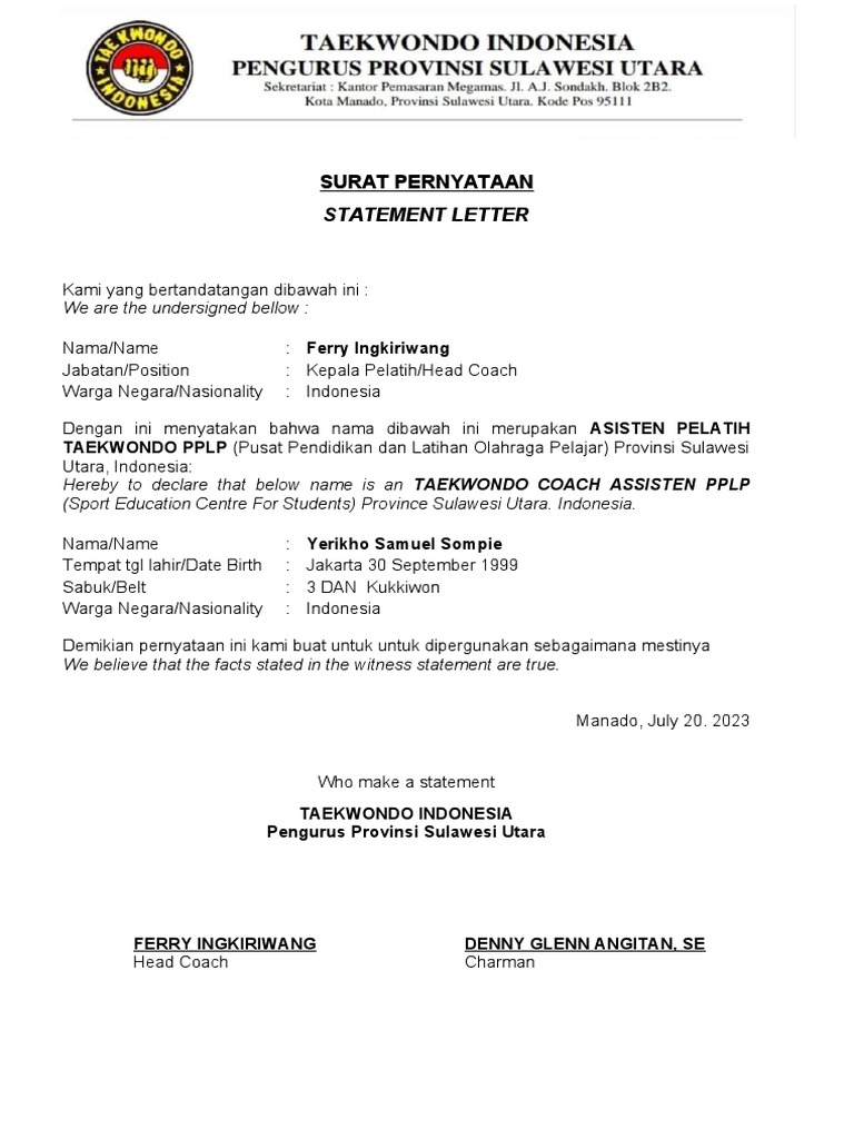 Surat Pernyataan Yeriko | PDF