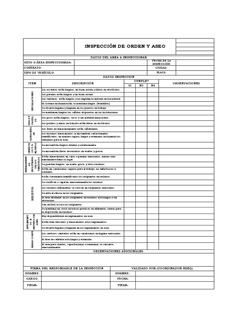 Inspección Orden y Aseo | PDF | Higiene | Residuos