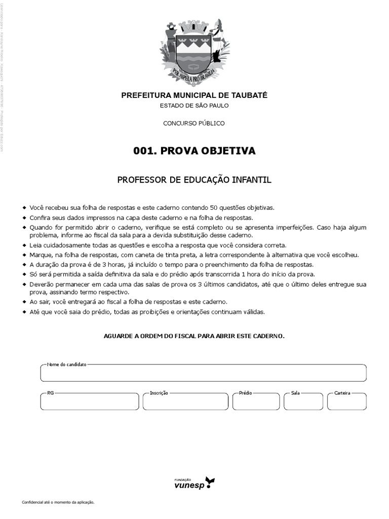 Vunesp 2022 Taubate Professor de Educacao Infantil Prova e Gabarito 1 | PDF Vunesp 2022 Taubate Professor de Educacao Infantil Prova e Gabarito 1 | PDF