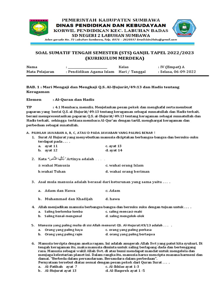 Soal Sumatif Tengah Semester Ganjil Pai BP Kurma Kelas IV A SDN 2 Labuhan Sumbawa 2022 | PDF