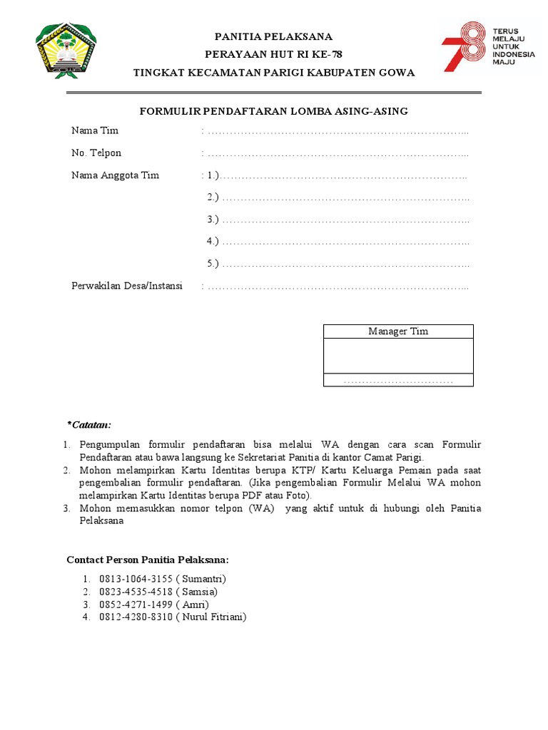 Formulir Pendaftaran Lomba Asing-Asing | PDF