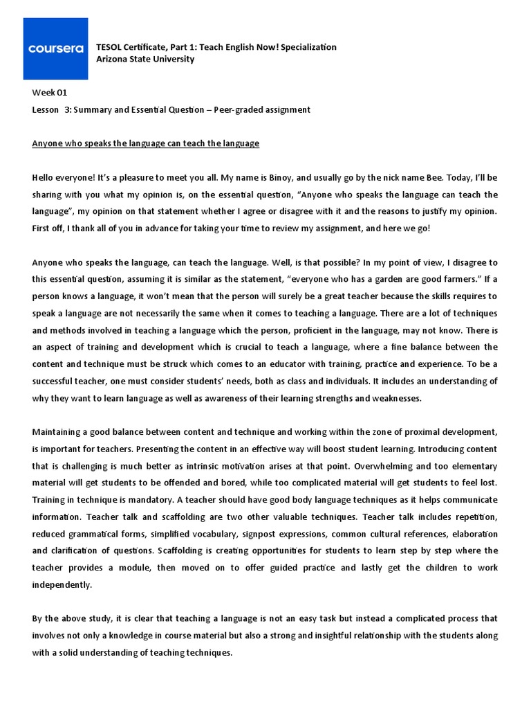 Week 1 - Peer Guided Assignment Essential Question | PDF | Teachers ...