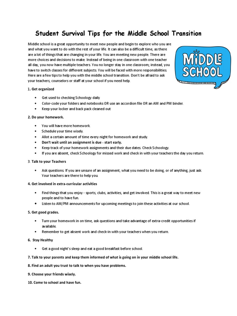 Middle School Transition Survival Tips | PDF | Teachers | Homework