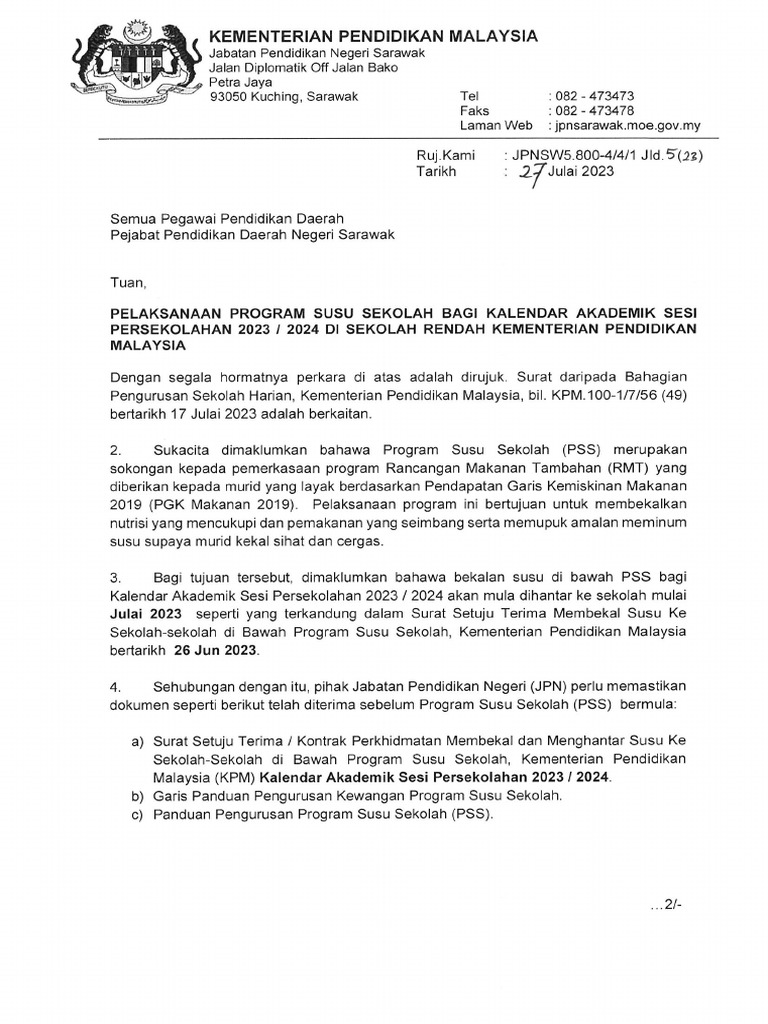 Surat Pelaksanaan Program Susu Sekolah Bagi Kalendar Akademik Sesi ...