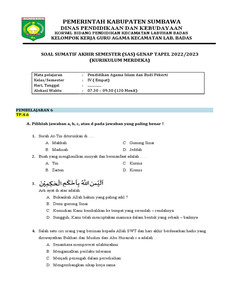 Soal Sas Genap Kelas 4 Kumer SDN Badas | PDF