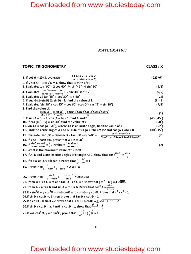 Trigonometry Exercises for Class X | PDF | Trigonometry | Special Functions