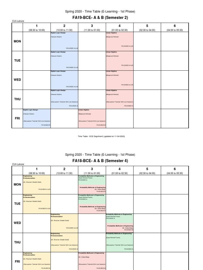 Time Table - ECE Deprtment (Updated On 11-04-2020) | PDF | Computing | Engineering