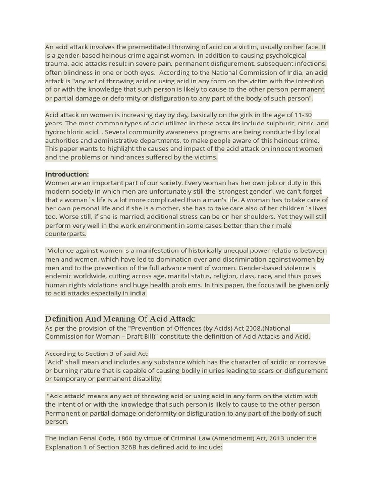 Impact of Acid Attacks on Women in India | PDF