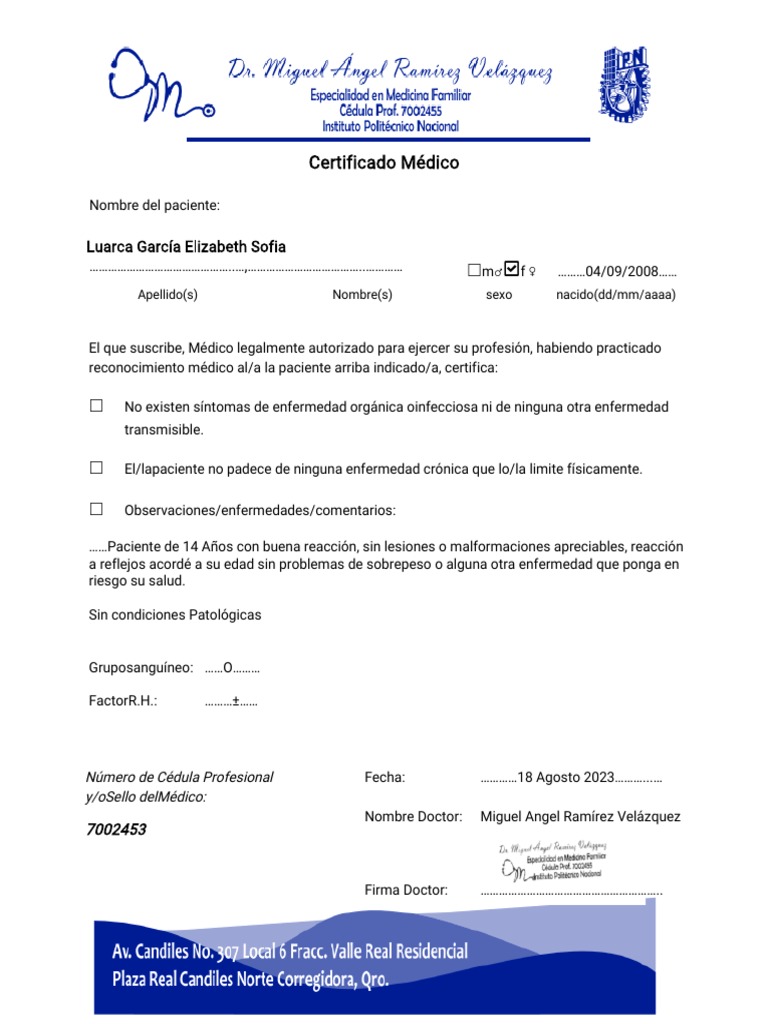 Certificado Medico Ejemplo | PDF Certificado Medico Ejemplo | PDF
