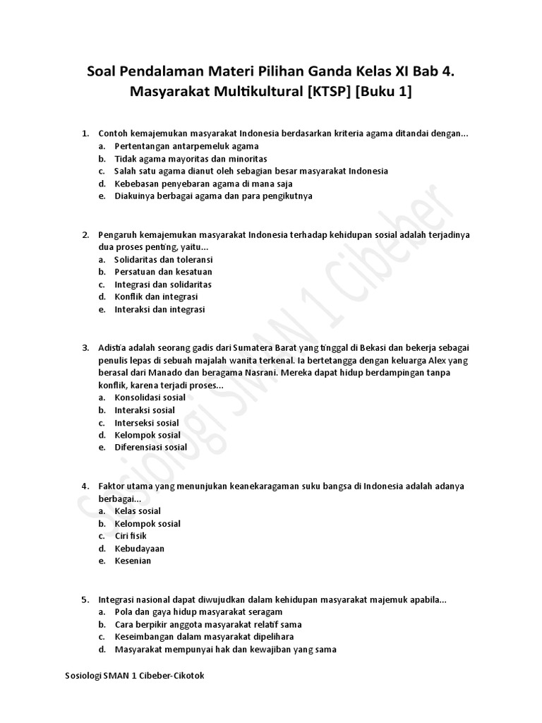 Soal Pendalaman Materi Pilihan Ganda Kelas XI Bab 4. Masyarakat Multikultural (KTSP) (Buku 1) | PDF
