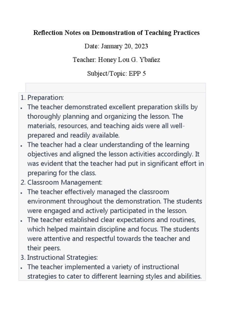 Reflection Notes On Demonstration of Teaching Practices | PDF ...