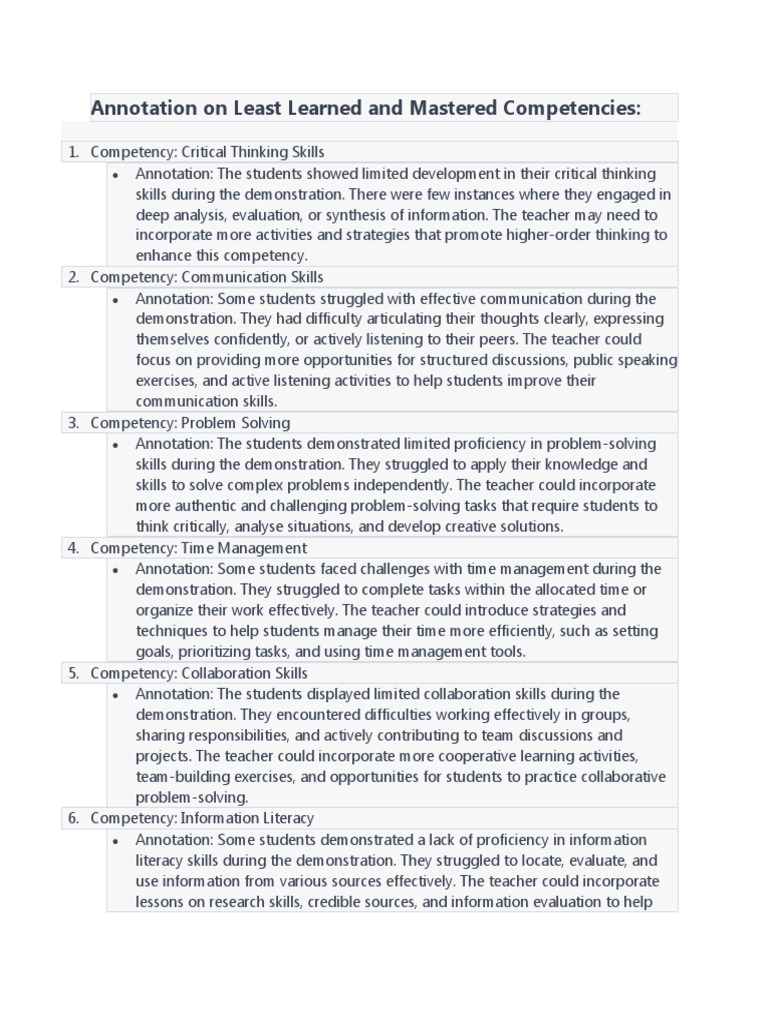 Annotation On Least Learned and Mastered Competencies | PDF | Critical Thinking | Teachers
