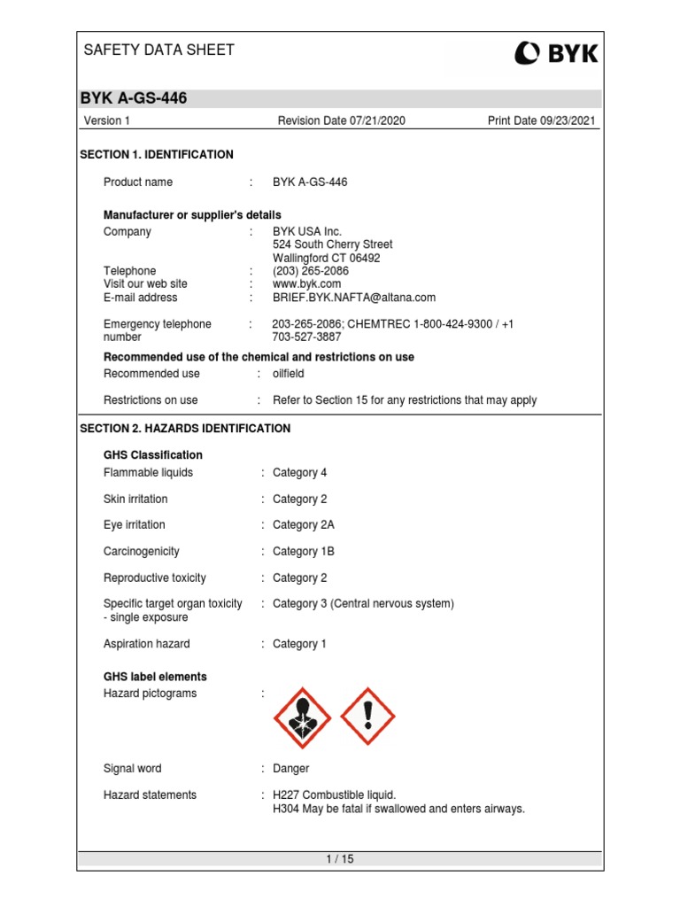 Sds Byk A-Gs-446 Msds Us en | PDF | Toxicity | Safety