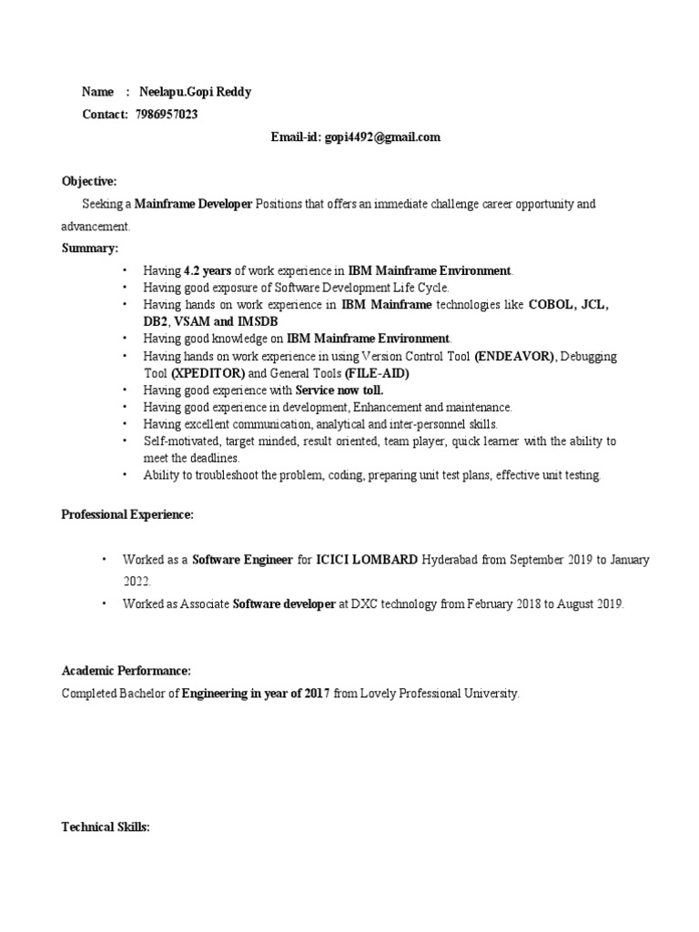 Mainframe Developer Resume Overview | PDF | Ibm Db2 | Computing