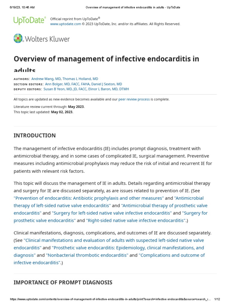 Overview of Management of Infective Endocarditis in Adults - UpToDate | PDF