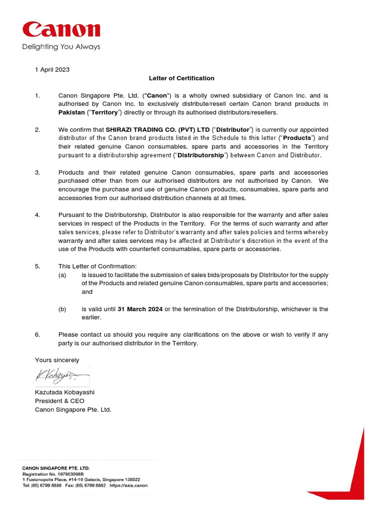 Letter of Certification_Shirazi (1 Apr 2023 Signed) | PDF | Printer (Computing) | Canon Inc.