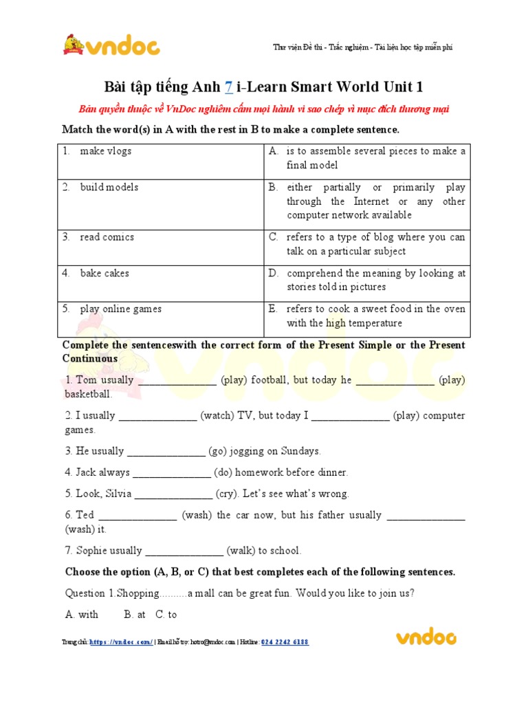 Bai Tap Tieng Anh 7 I Learn Smart World Unit 1 | PDF